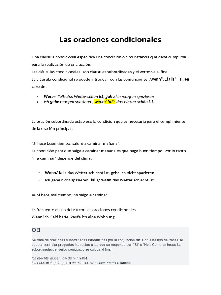 Las Oraciones Condicionales | PDF | Oración (Lingüística) | Verbo