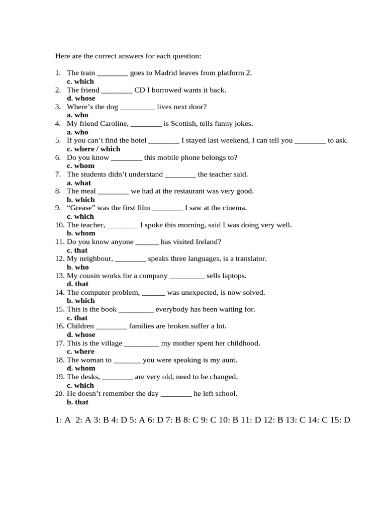 Relative Pronouns Key | PDF