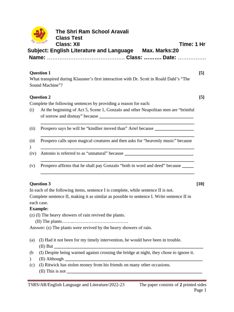 12 S1 and S2 - English - Class Test - QP - 2022-23 | PDF