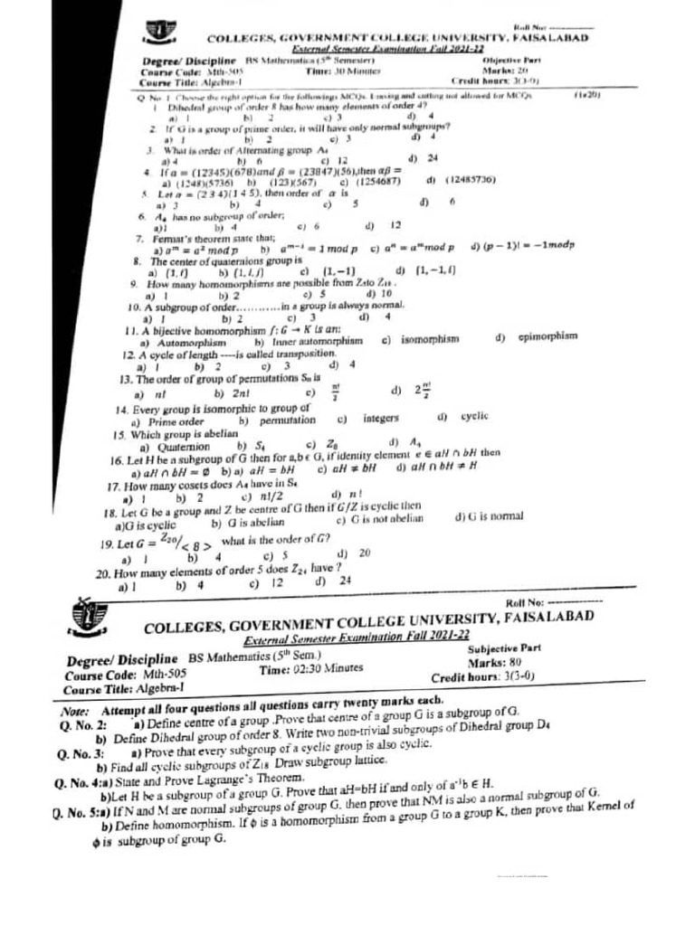 Algebra paper 2021_22 | PDF