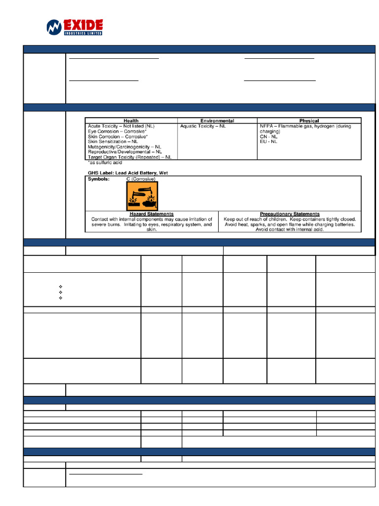 EXIDE MSDS | PDF | Sulfuric Acid | Carcinogen