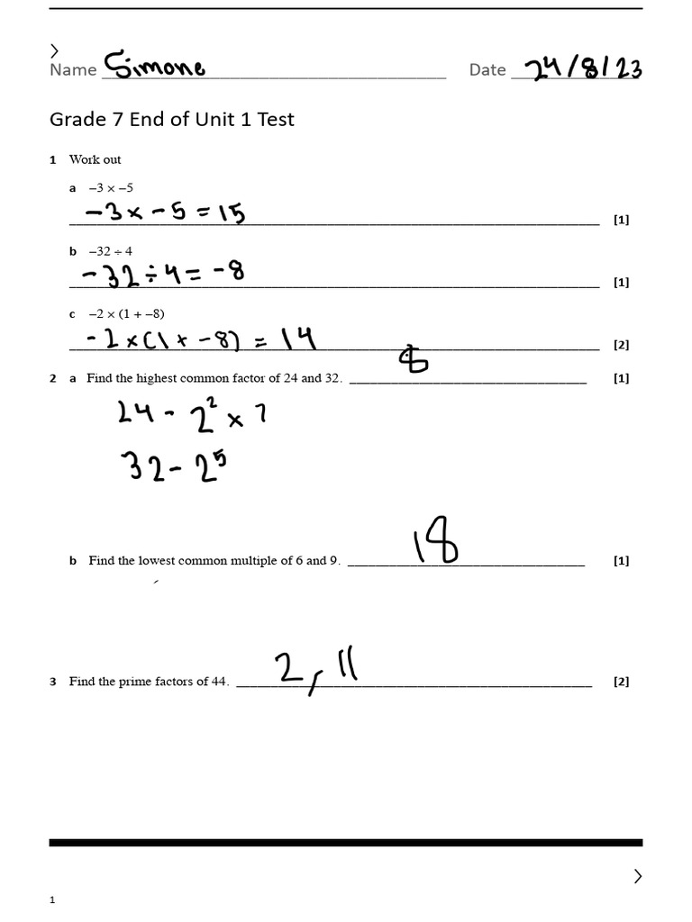 Grade 7 End of Unit 1 Test - Integers | PDF