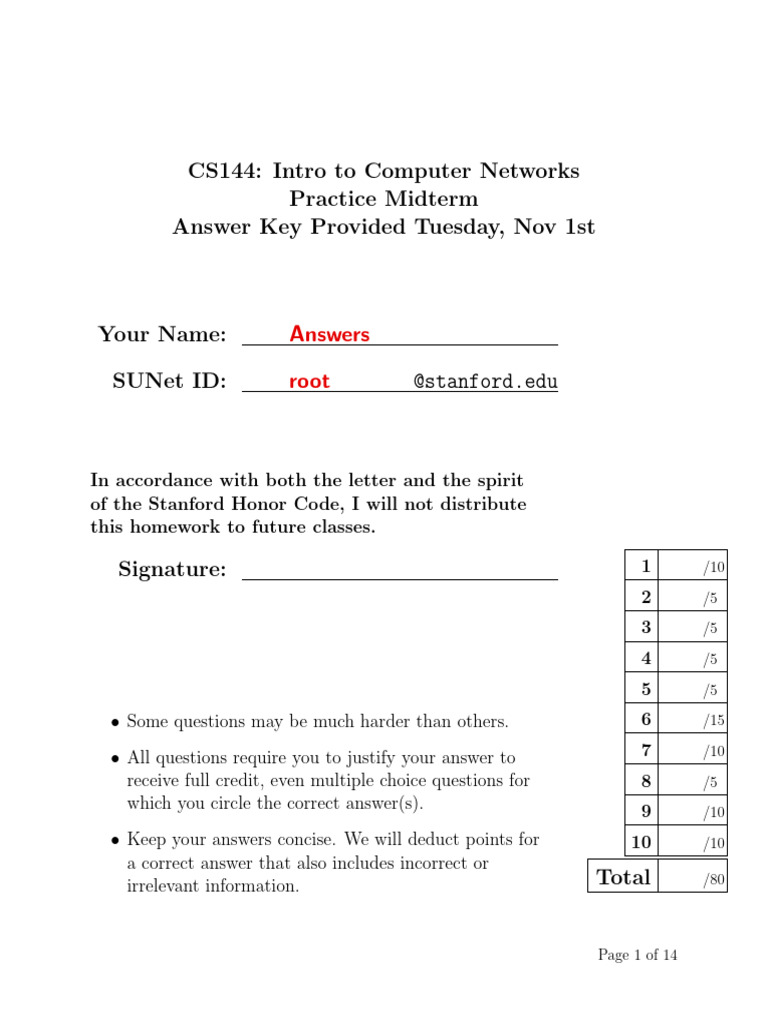CS144 Midterm Practice Answer Key | PDF | Transmission Control Protocol | Router (Computing)