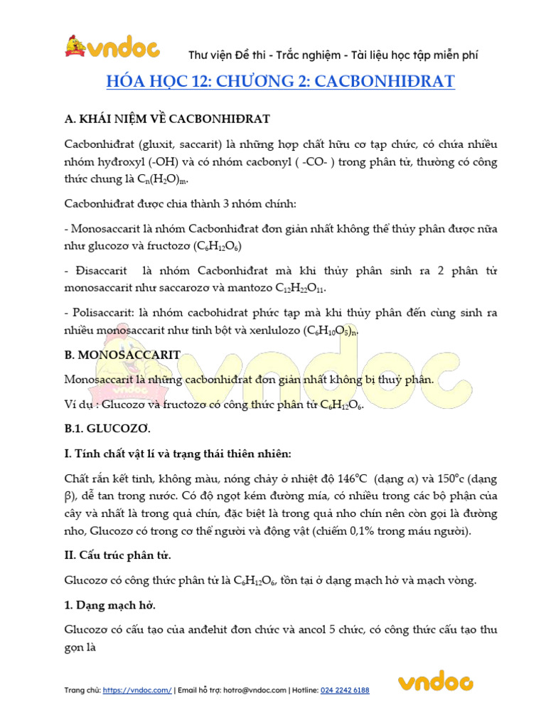 Ly Thuyet Hoa Hoc 12 Chuong 2 Cacbonhidrat | PDF