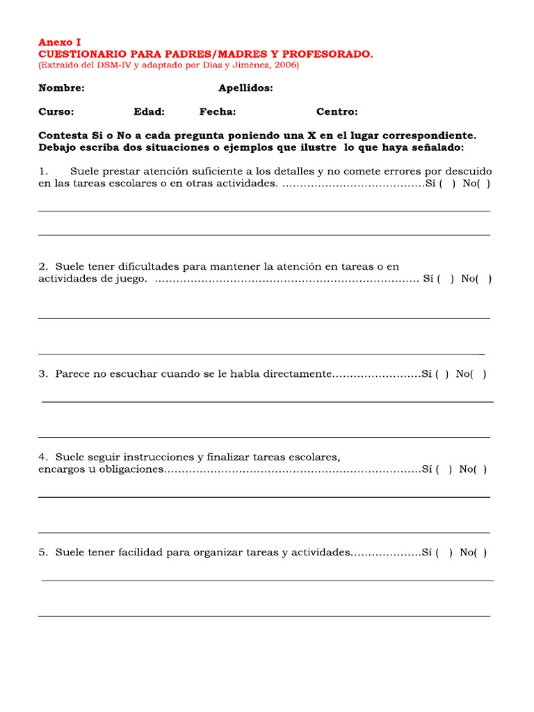 Cuestionario Detección TDAH Primaria | PDF