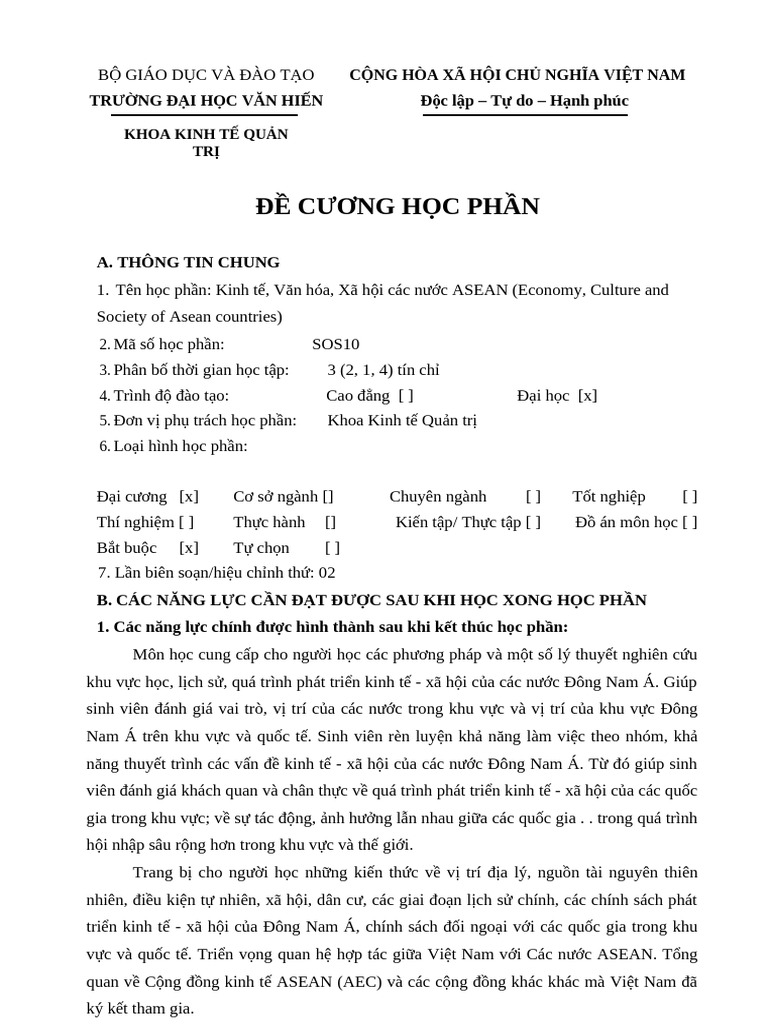 ĐỀ CƯƠNG KT,VH,XH ASEAN 2019 | PDF