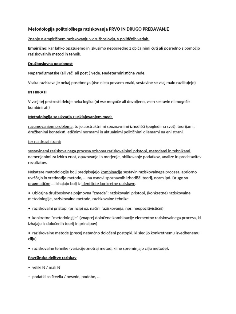 Metodologija politološkega raziskovanja PRVO IN DRUGO PREDAVANJE iz slajdov v word | PDF