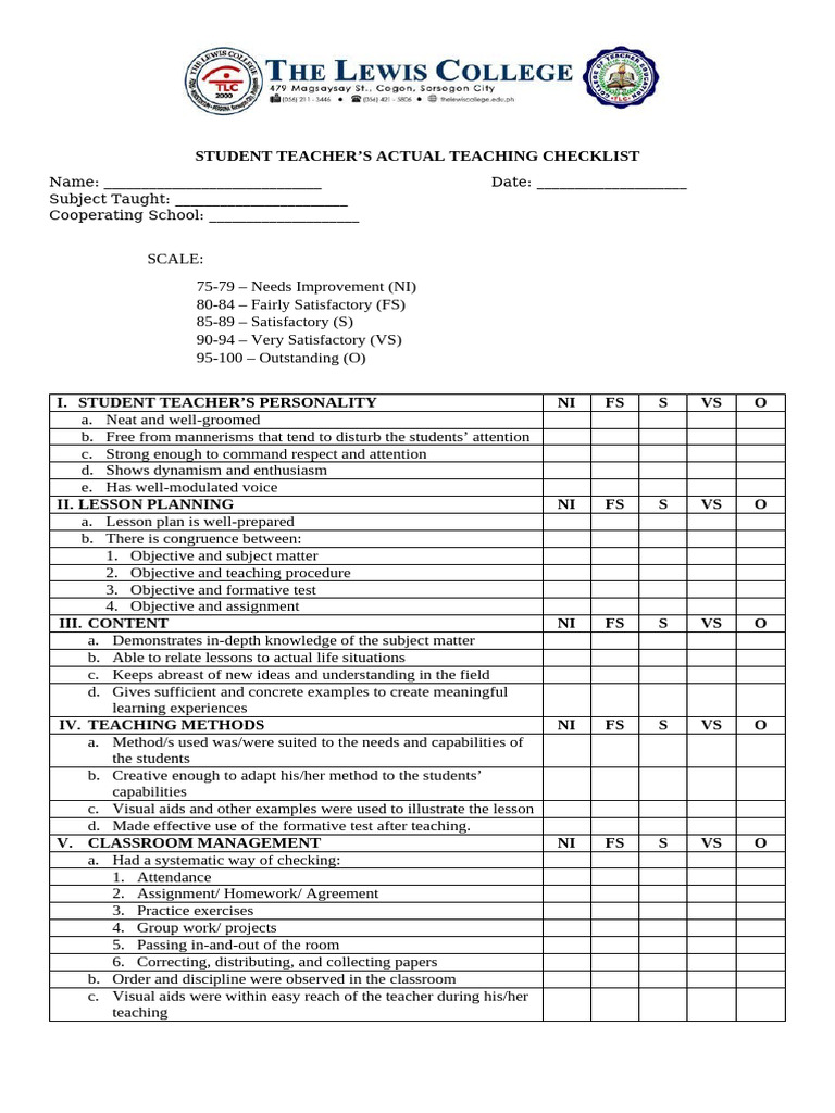 Student Teachers Actual Teaching Checklist | PDF | Teachers | Learning