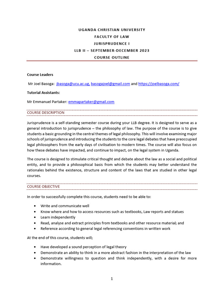 Jurisprudence 1 Course Outline 2023 | PDF | Jurisprudence | Natural Law