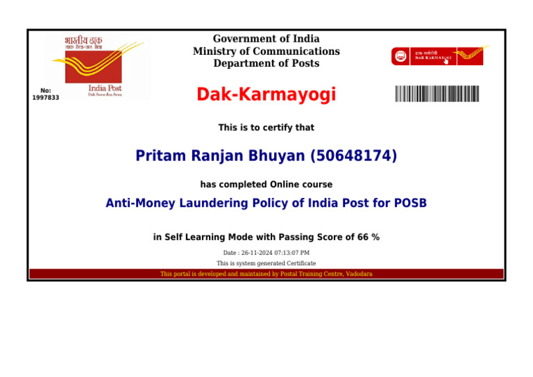 Certificate of Anti-Money Laundering Course | PDF