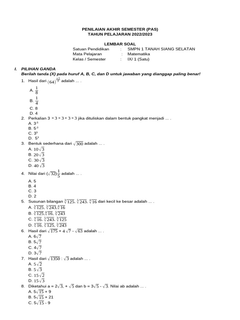 Soal Pas MTK Ix SMT 1 | PDF