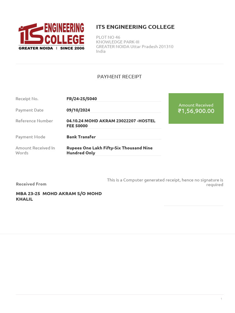 Hostel Fee Payment Receipt | PDF