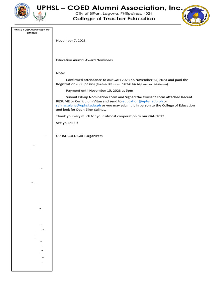 Alumni Award Nominee Reminders | PDF