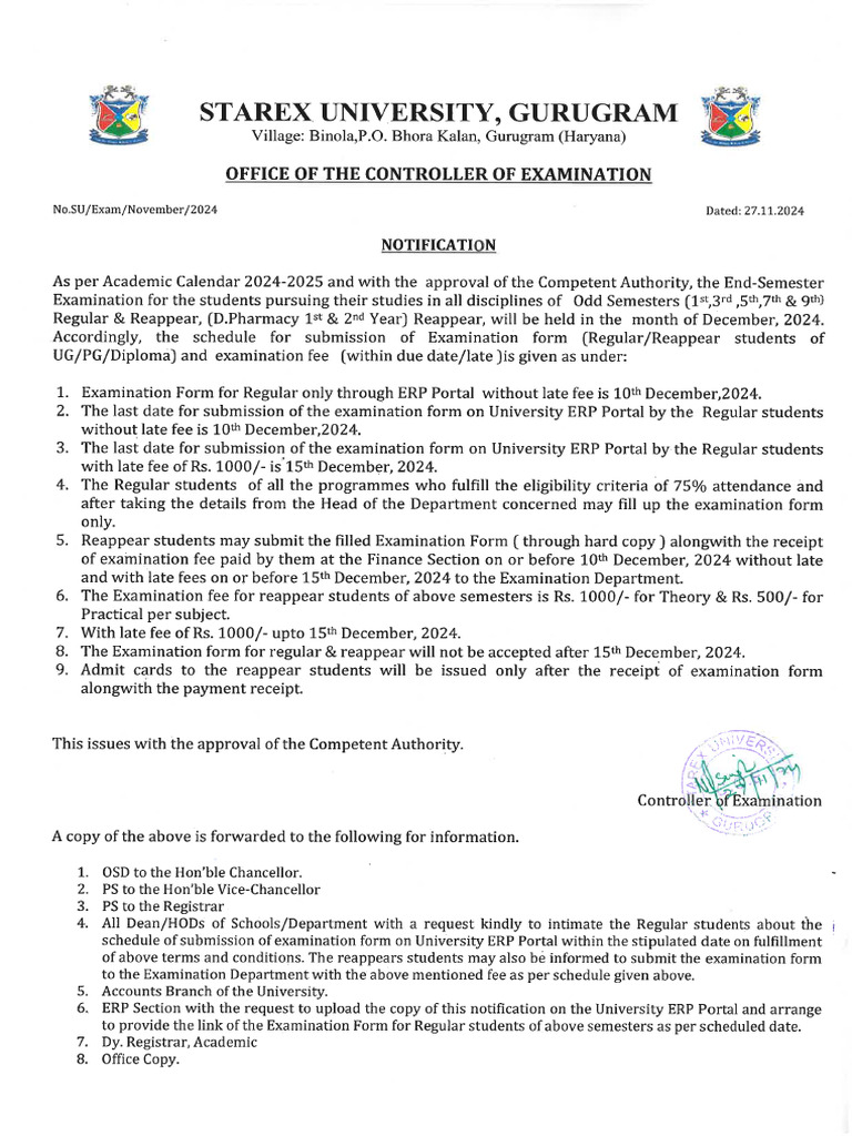Notification For End Semester Examination December 2024 | PDF