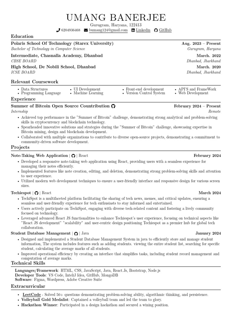 Resume Umang Banerjee PST | PDF | Software Engineering | Information Technology