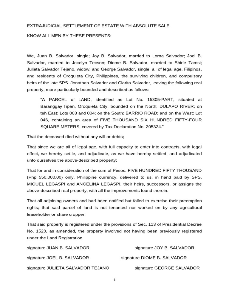 Estate Settlement and Sale Agreement | PDF | Government | Private Law