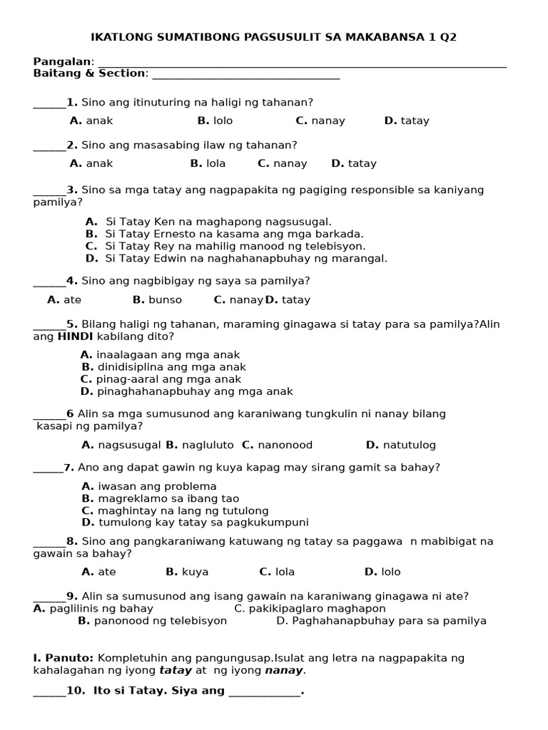 Q2 3RD Summative Test in Makabansa 1 | PDF