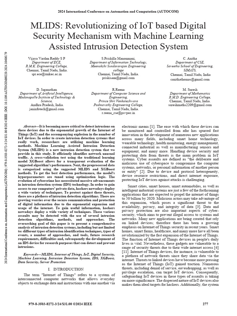 Mlids: Revolutionizing of Iot Based Digital Security Mechanism With ...