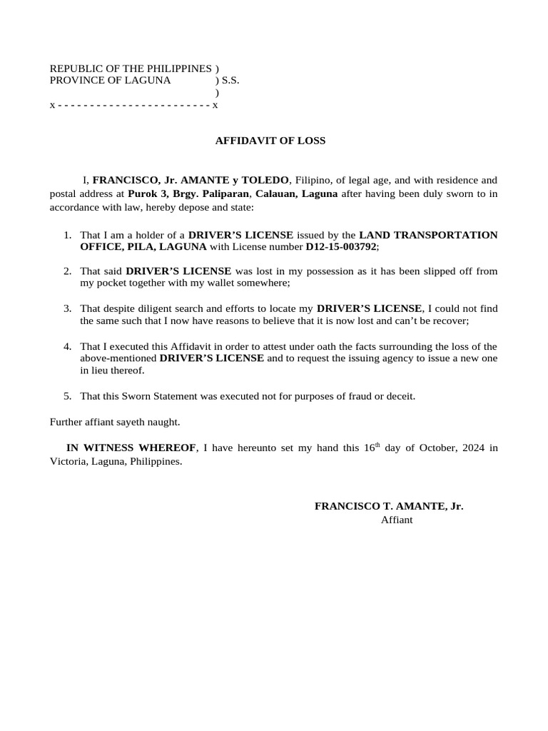 Affidavit of Loss Driver's License | PDF
