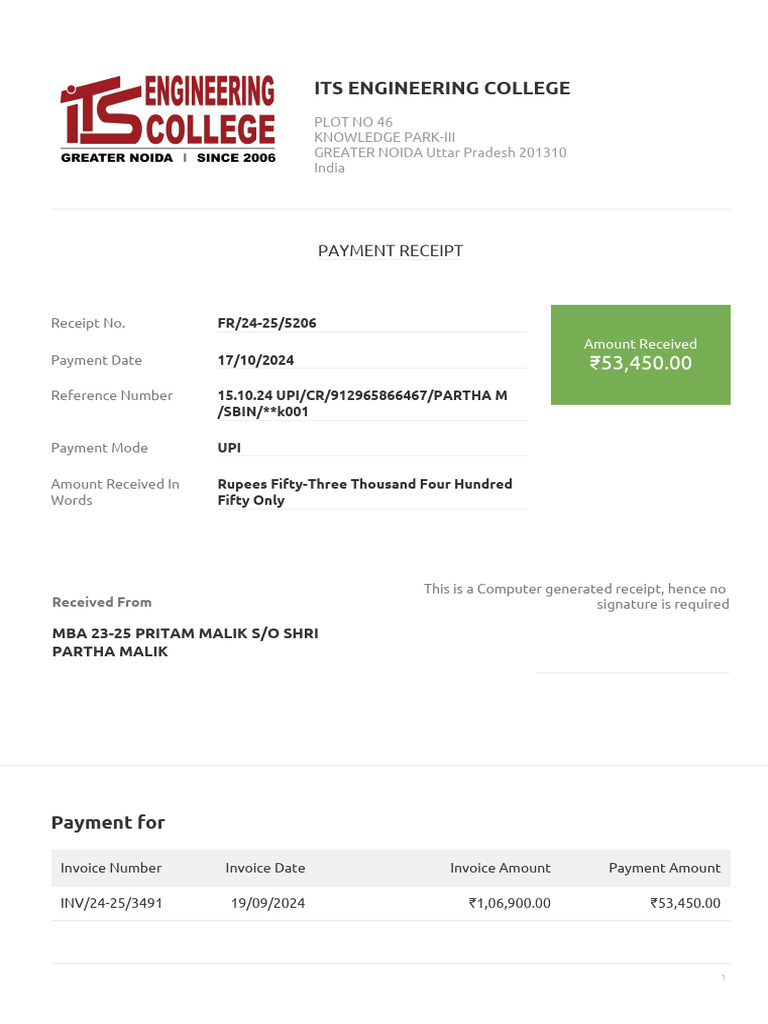 Payment Receipt for MBA Student | PDF