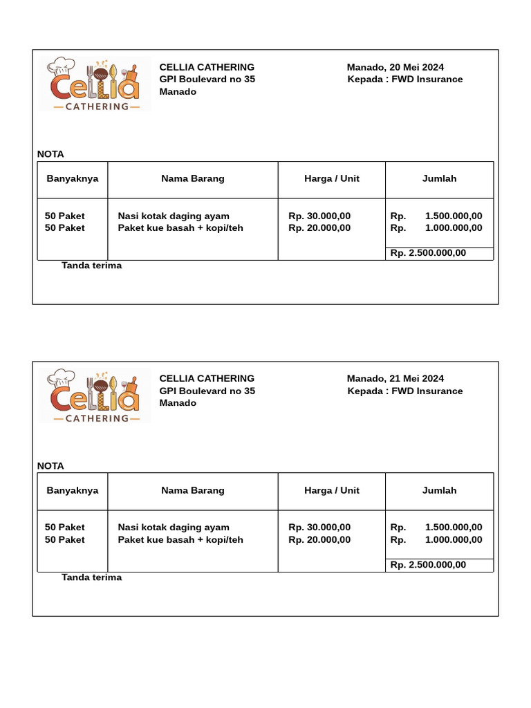 Nota Pemesanan Catering Manado | PDF