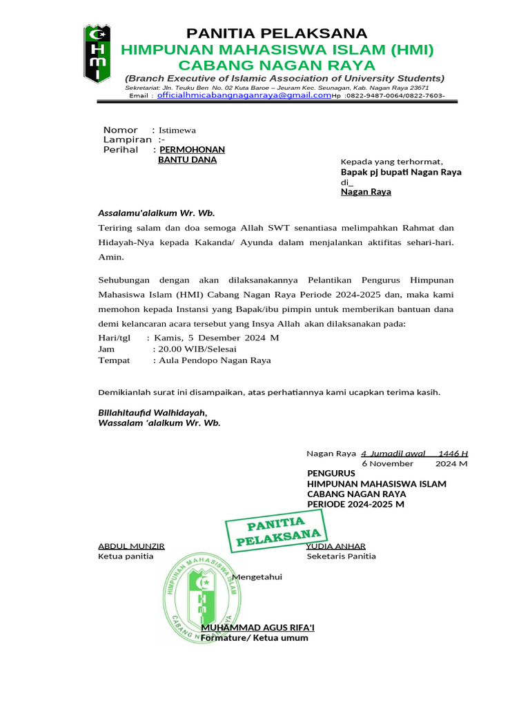 PRPOSAL PELANTIKAN HMI NAGAN RAYA PRIODE 2024... | PDF