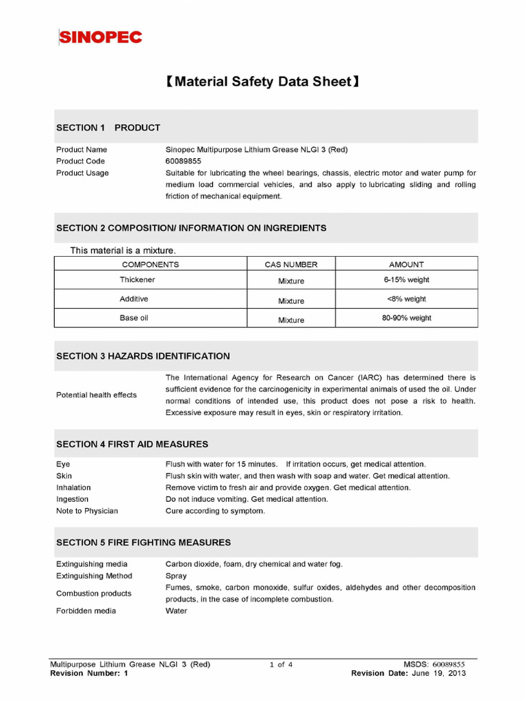 Sinopec-Multipurpose-Lithium-Grease-NLGI-3-Red MSDS Asp | PDF