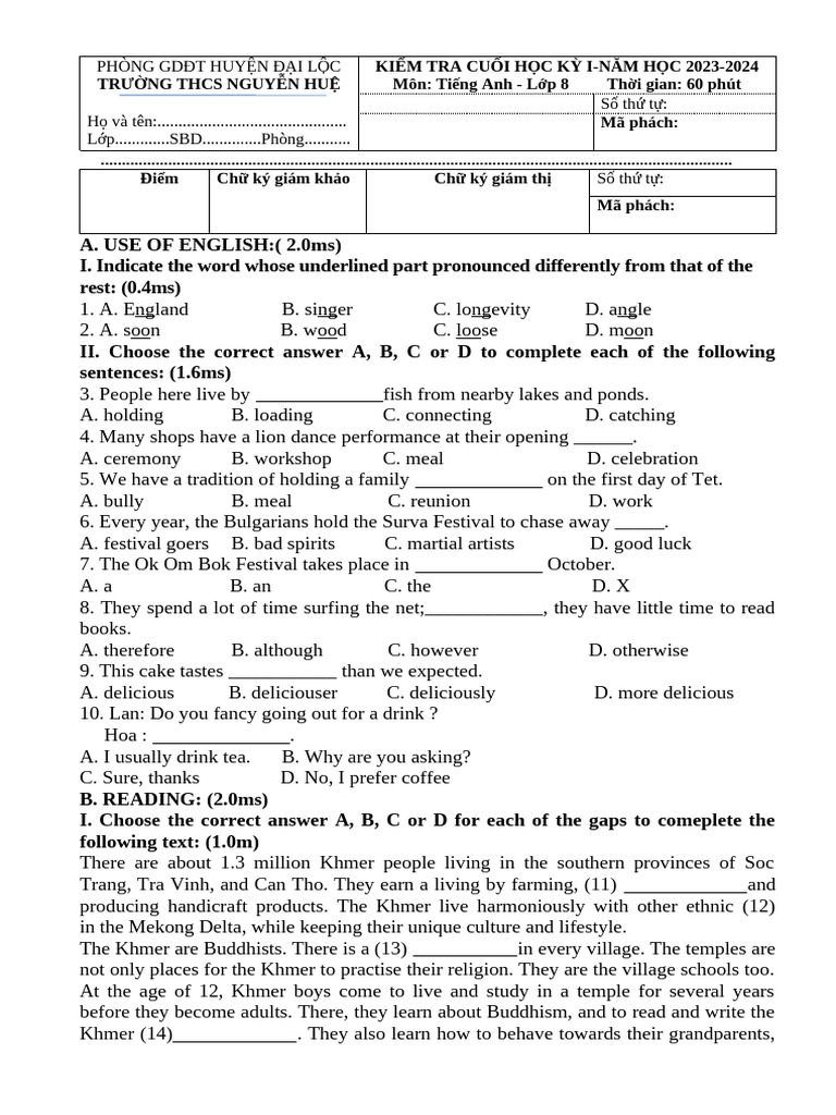 English Test for Grade 8 - Semester 1 | PDF | Adjective | Verb