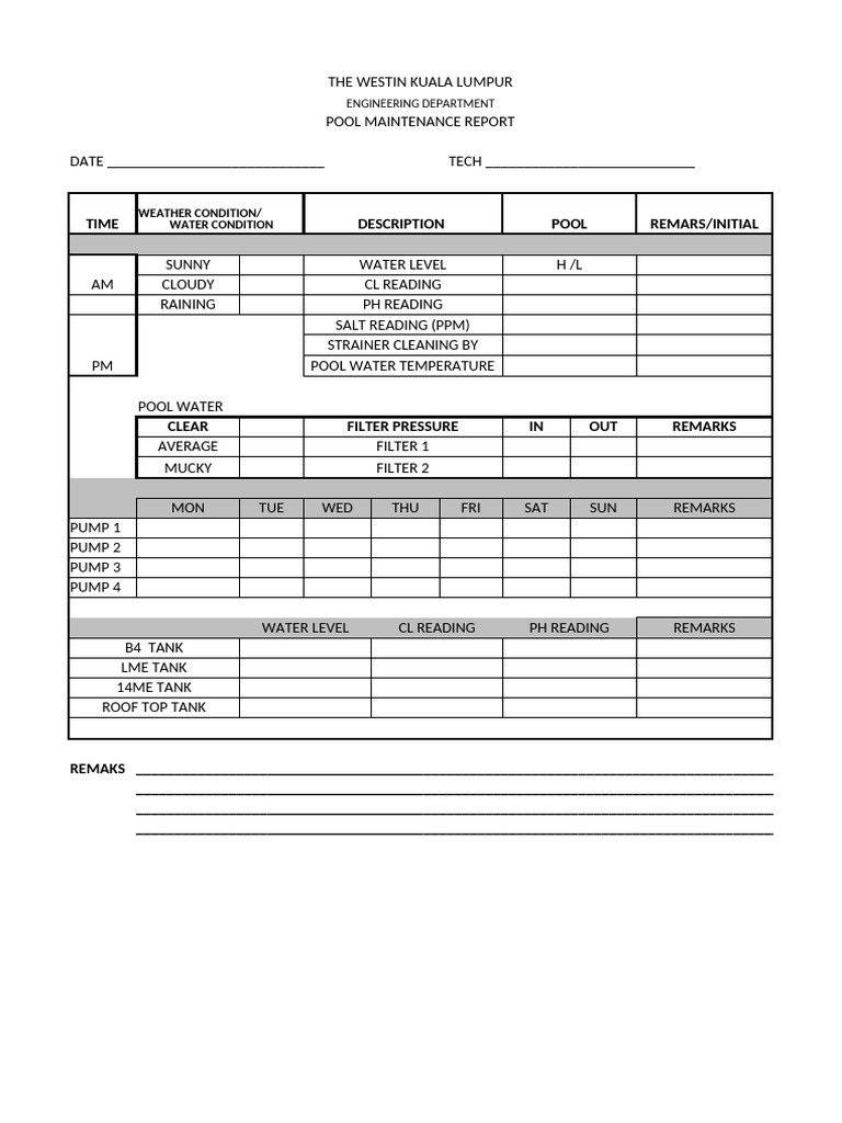 Pool Maintenance Report Template | PDF