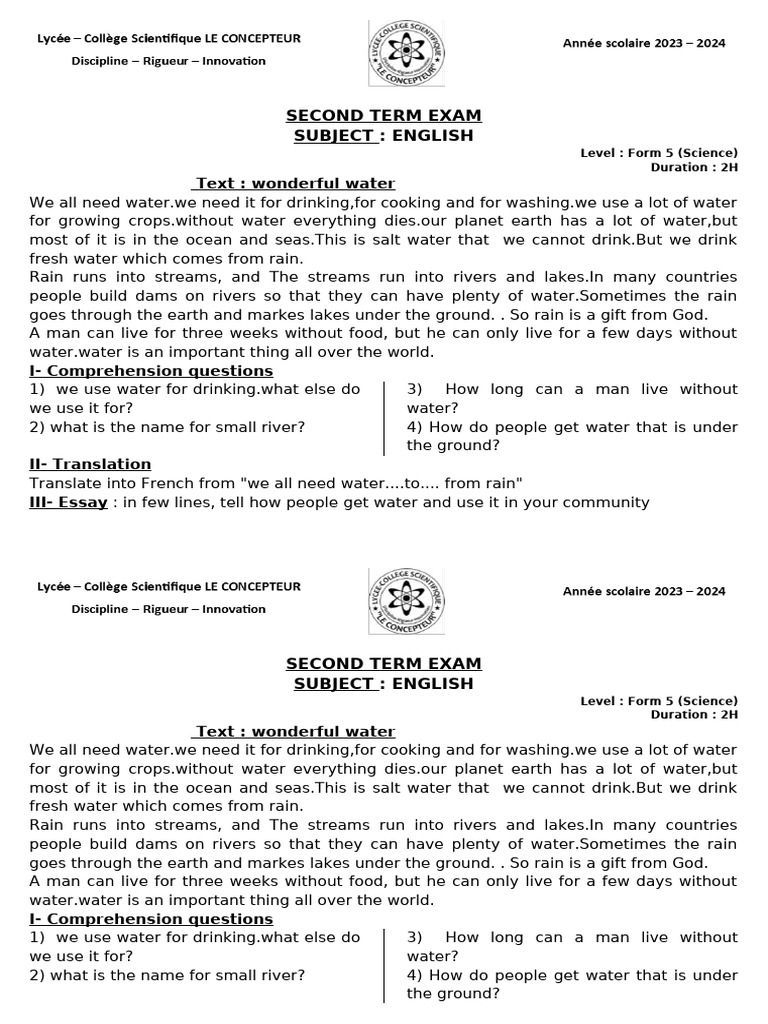 2nde S anglais compo | PDF | Water | Lake