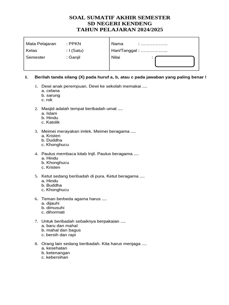 Soal SAS PKN Kelas 1 2024 | PDF