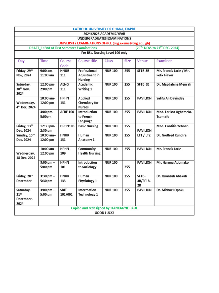 Final Time Table For Nursing Level 100. Sem1. 2024.2025 | PDF