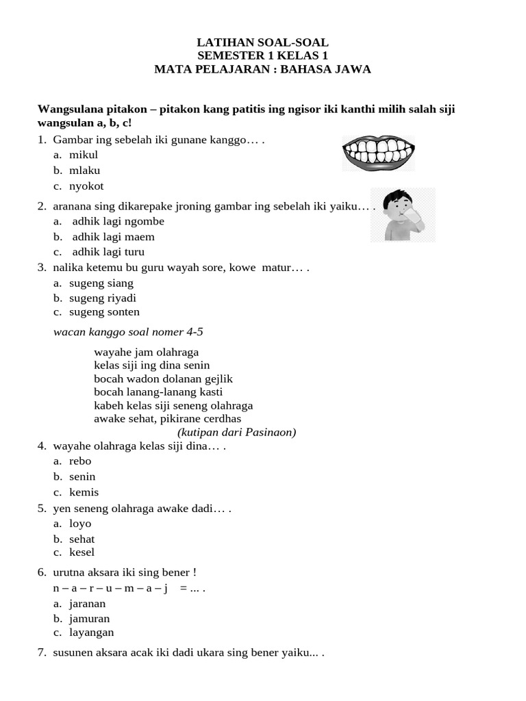 Latihan Soal-Soal Bahasa Jawa Kelas 1 Semester 1 | PDF