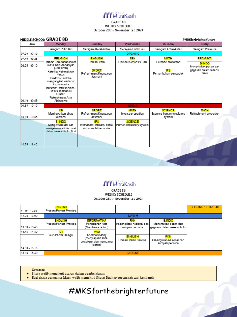 Grade 8B Weekly October 28th - November 1st 2024 | PDF