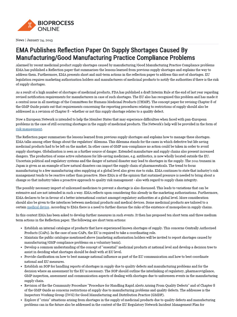EMA Reflection on Medicinal Supply Shortages | PDF | Risk Management | Risk
