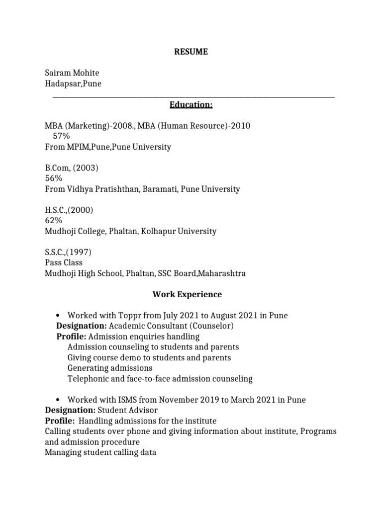 Sairam Mohite - 9 Yrs - CTC - 4 Lpa - Ectc - 5 Lpa | PDF