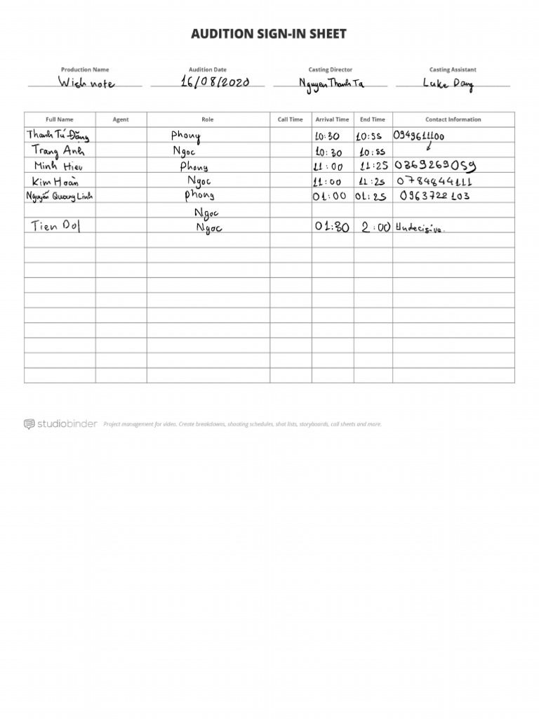 Audition Sign In Sheet | PDF