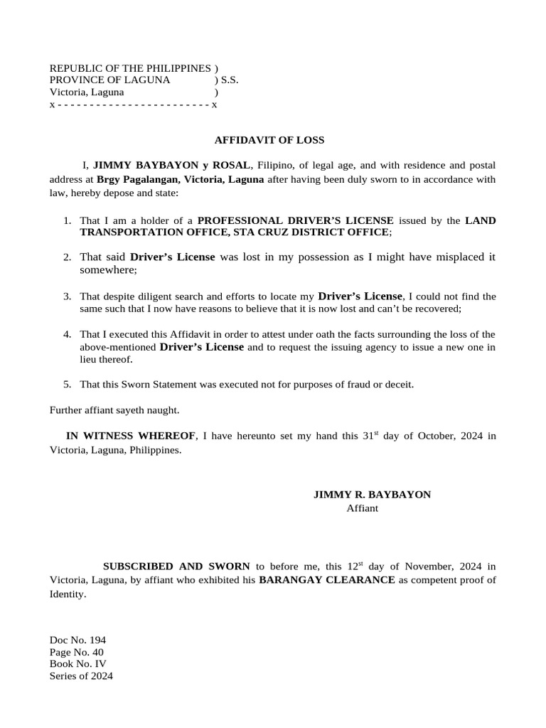 Affidavit of Lost Driver's License | PDF