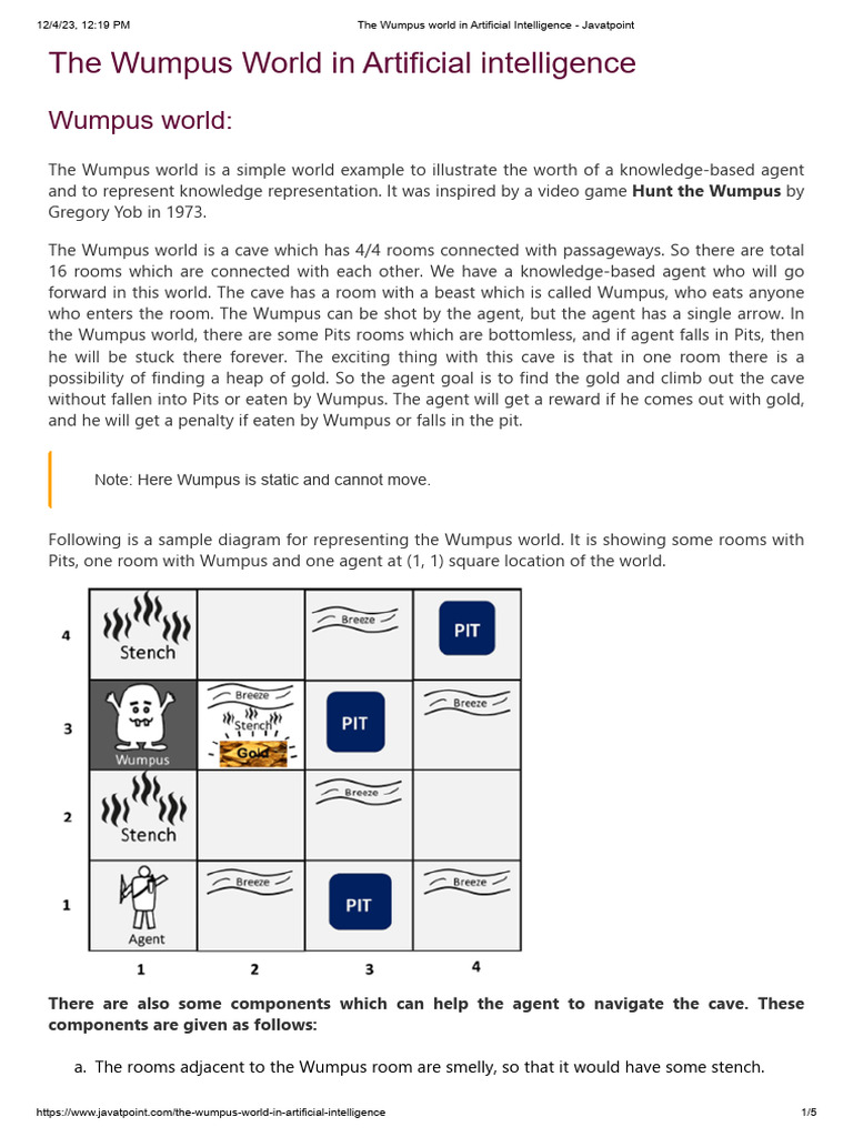 w1-The Wumpus world in Artificial Intelligence - Javatpoint | PDF ...