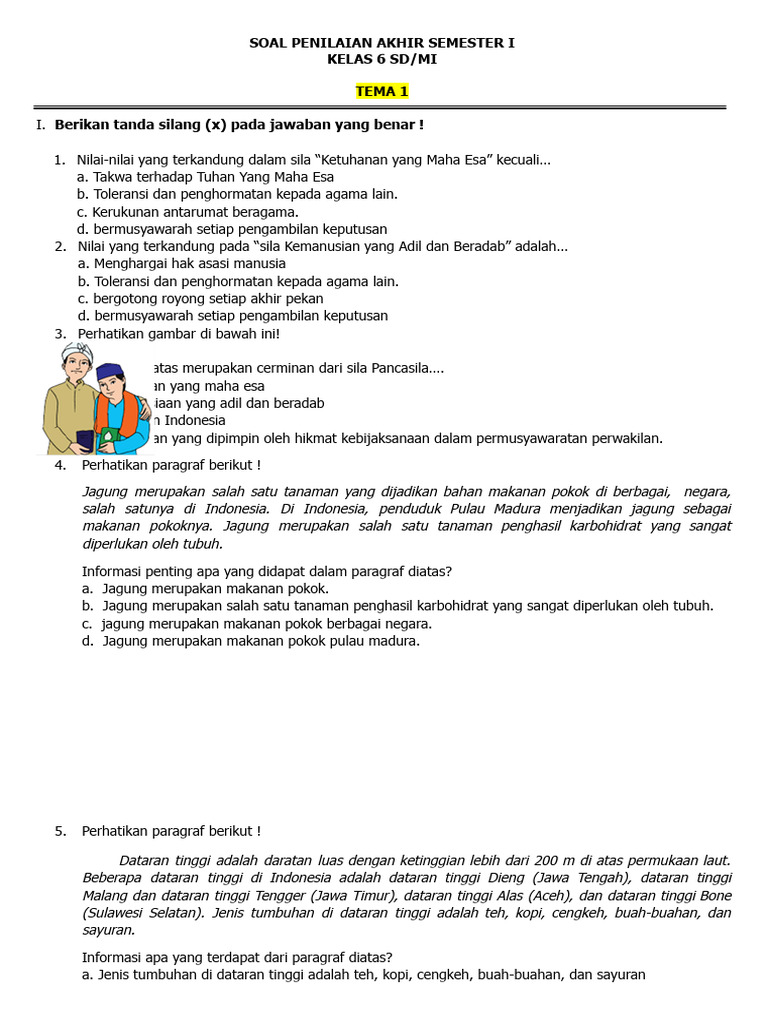 Soal PAS Kelas 6 Sem 1 Tema 1 - Kamimadrasah - Doc - Google Dokumen | PDF