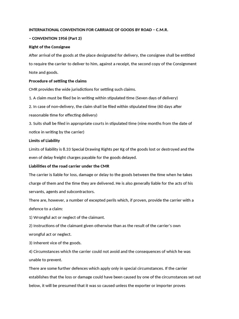 CMR Notes 2 | PDF | Cargo | Legal Liability
