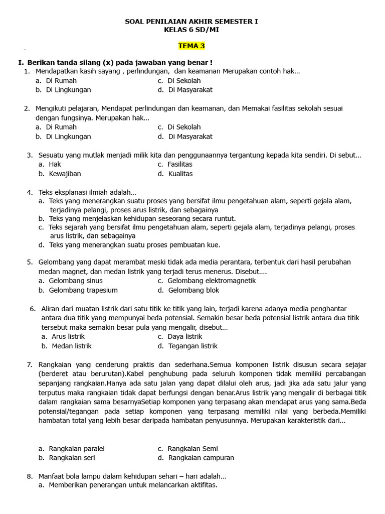 Soal PAS Kelas 6 Sem 1 Tema 3 - Kamimadrasah - Docx - Google Dokumen | PDF