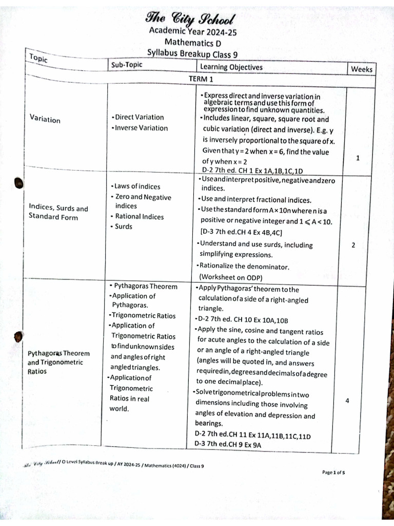 The City School Grade 9 Mathematics Syllabus | PDF