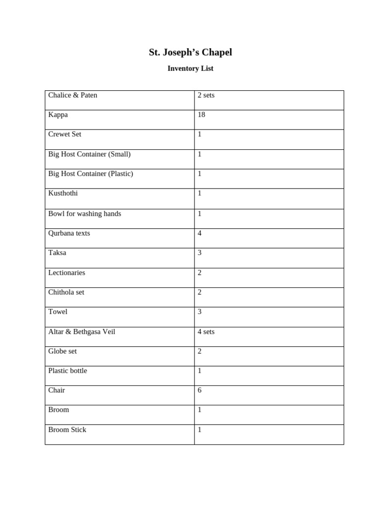 St. Joseph Chapel Inventory | PDF