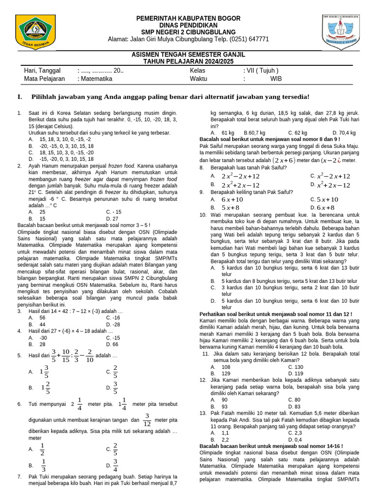 Soal Asas Ganjil Matematika Kelas 7 | PDF
