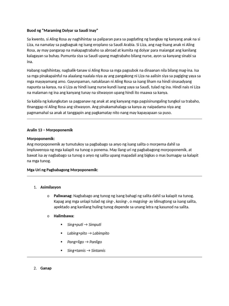 Buod NG "Maraming Dolyar Sa Saudi Inay": Sing-Kasing - Magsing | PDF
