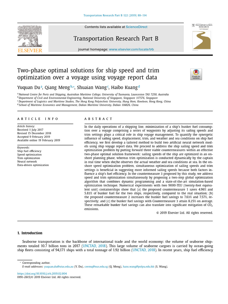 Two-phase optimal solutions for ship speed and trim optimization over a voyage using voyage ...