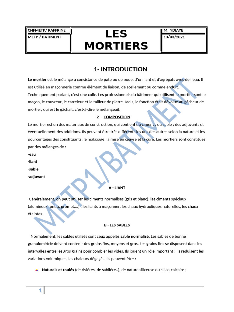 Les Mortiers : Composition et Usage | PDF | Mortier (matériau) | Ciment