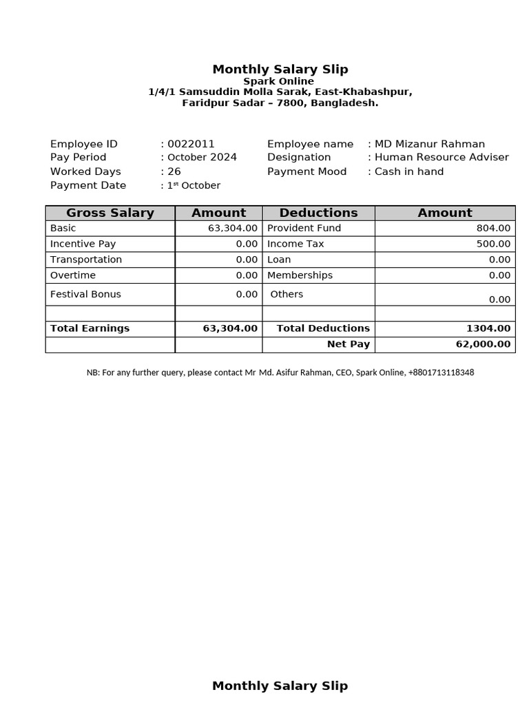 Monthly Pay Slip Spark Online | PDF | Salary | Tax Deduction