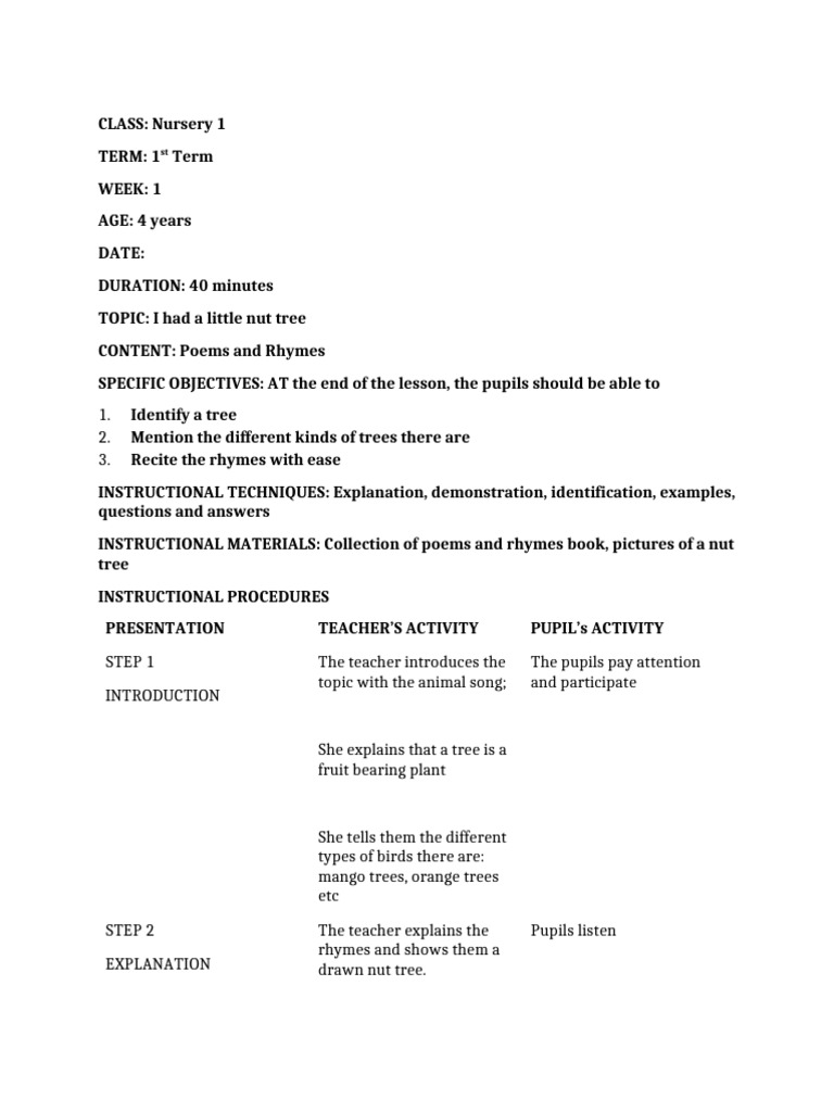 Nursery Lesson: I Had a Little Nut Tree | PDF